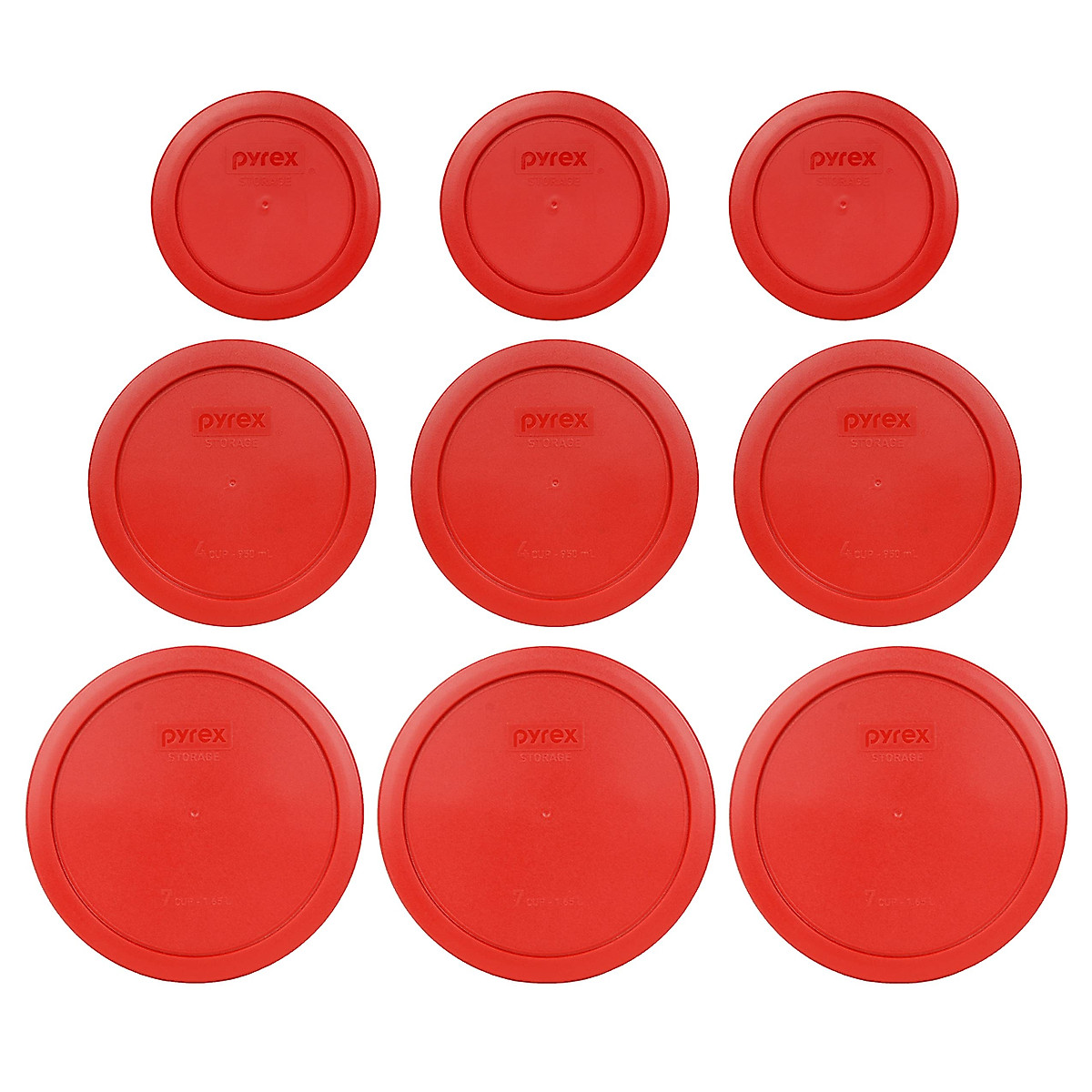 Pyrex Poppy Red (3) 7200-PC, (3) 7201-PC, & (3) 7402-PC Round Plastic Food Storage Replacement Lids, Made in USA