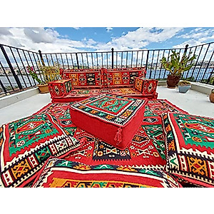 Red Color Arabic Floor Sofa Seating Set, Floor Cushions, Arabic Majlis, Ottoman Couch, Loveseats, Arabic Majlis, Bench Cushions,Reading Sofa (Sofa Full Set)