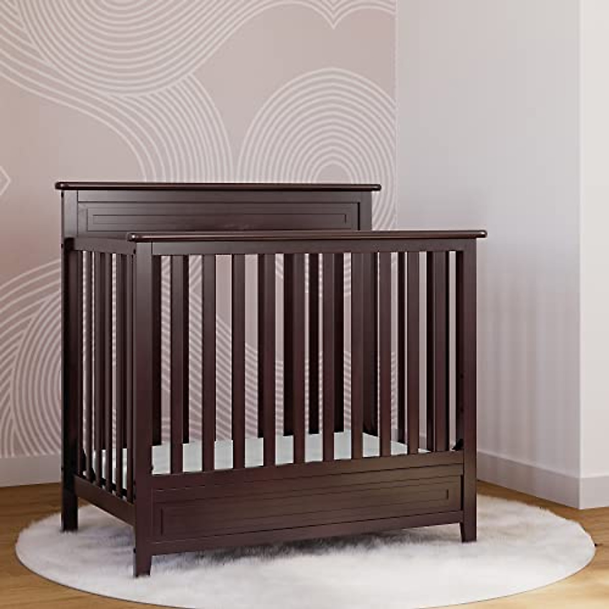 Storkcraft Petal 5-in-1 Convertible Mini Crib with Mattress, Espresso