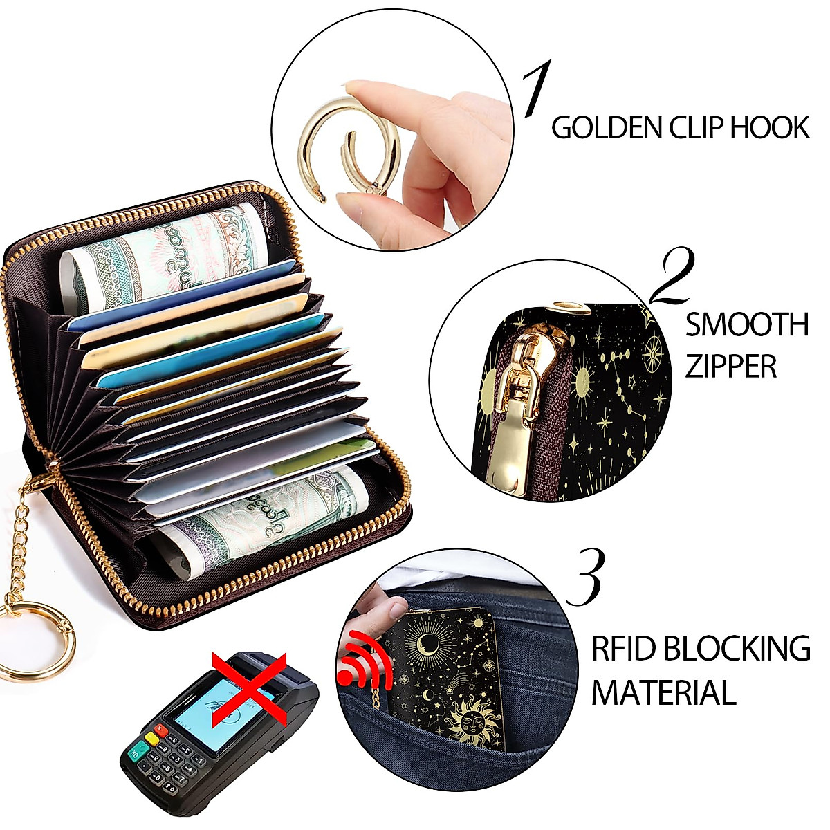 Yonlevres Credit Card Holder RFID Wallet, Astrological Sun Moon Small Card Holder Wallet for Women with Keychain Zipper, Leather Print Credit Card Case Organizer Accordion Gift