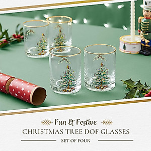 Spode Christmas Tree 14oz Double Old Fashioned Glasses, Set of 4 - Festive Holiday Drinkware with Rustic Christmas Design, Excellent for Whiskey at Holiday Gatherings and Cozy Celebrations