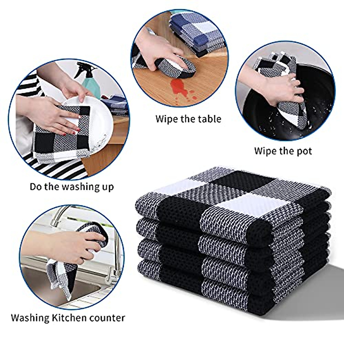 Mordimy 100% Cotton Waffle Weave Plaid Dish Cloths, 12 x 12 Inches, Super Soft and Absorbent Quick Drying Buffalo Check Dish Rags for Kitchen, 6-Pack, Black & White