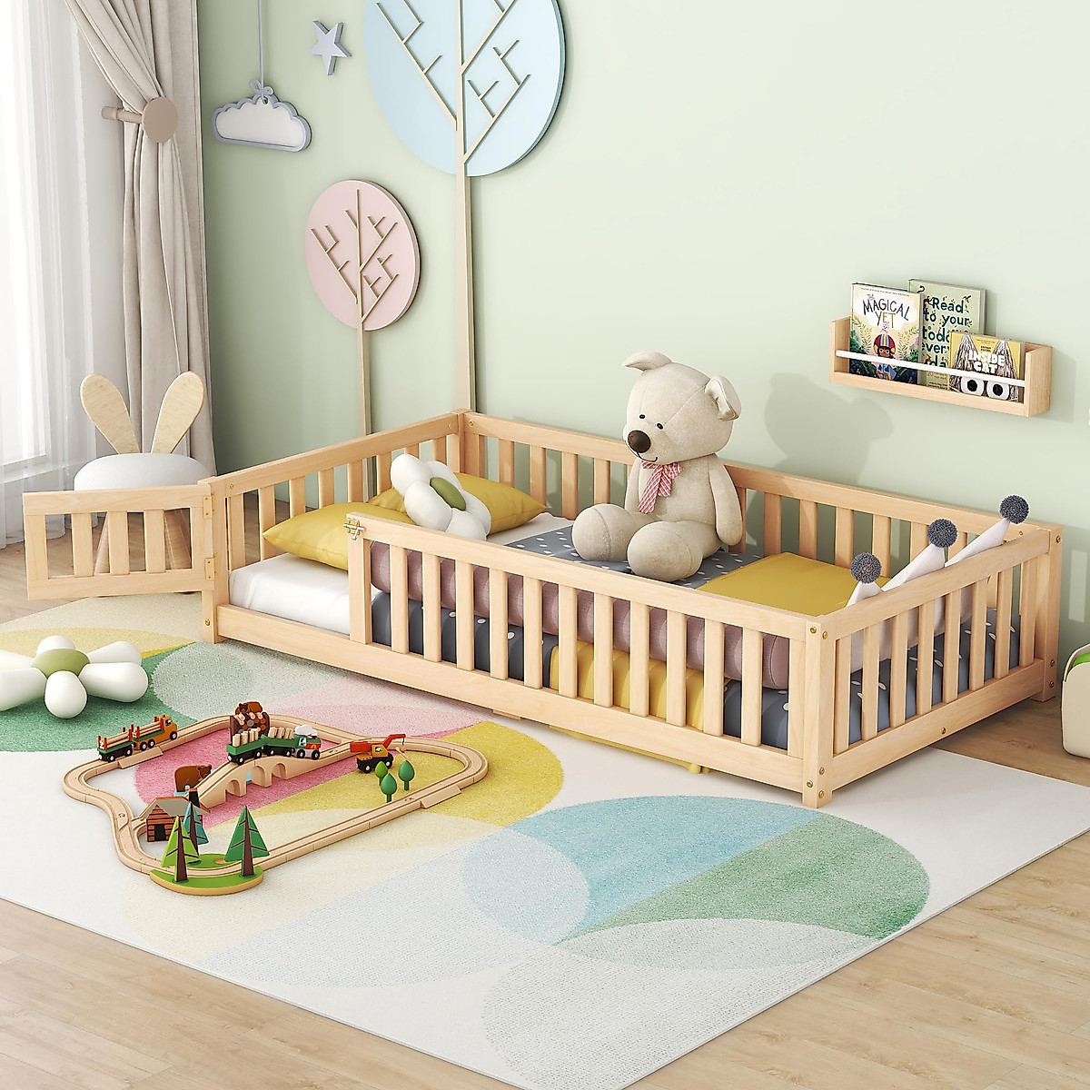 CITYLIGHT Twin Size Floor Bed with Rails, Wood Montessori Floor Bed Twin with Support Slats, Kids Twin Bed Frame with Door Design for Boys,Girls, Natural