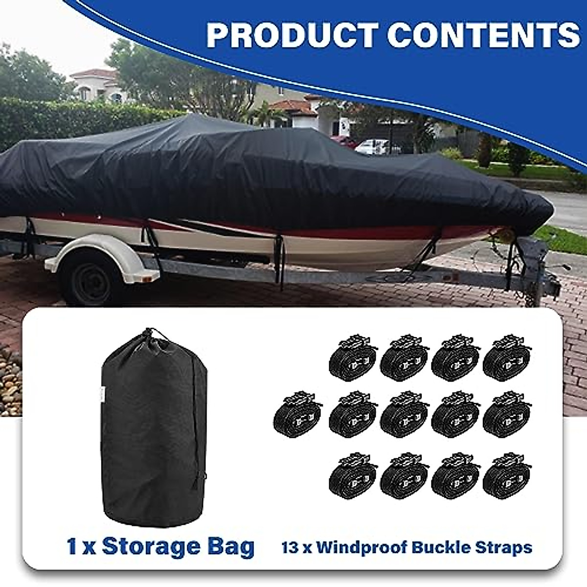 Waterproof 17'- 19' Boat Cover - Heavy Duty 600D Dual PU Trailerable Marine Grade Polyester Canvas, Fits 17-19ft V-Hull, Tri-Hull, Fishing Boat, Runabout, Pro-Style Bass Boat with Tightening Strap