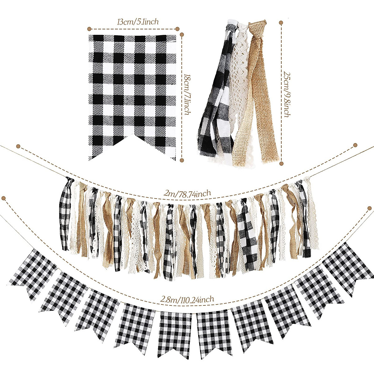 Whaline 2Pcs Christmas Buffalo Check Plaid Banner White Black Tassel Garland Lace Burlap Banner Rag Tie Banner Plaid Bunting Garland for Wedding Birthday Mantel Fireplace Wall Party Decoration