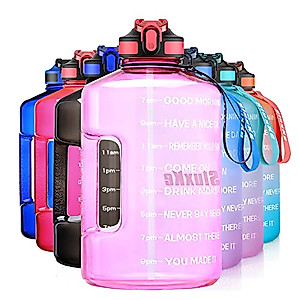 SLUXKE Gallon Water Bottle with Straw and Time Marker, 74oz BPA Free Huge Water Jug with Handle, LeakProof Pop Up Daily Water Intake Bottle Light Pink