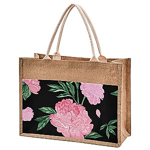 Jute Burlap Tote Watercolor Peony Country Garden Leaves Flower Floral Black Large Beach Bag Reusable Grocery Shopping Storage Bag