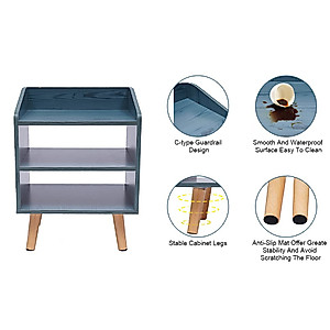 Small Bedroom Nightstand/Minimalist End Table/Side Table/Little Table - with 2 Open Storage Cabinets/Solid Wood Legs,Modern Bedside Night Stand for Bedroom, Living Room（Blue ）- Easy Assembly