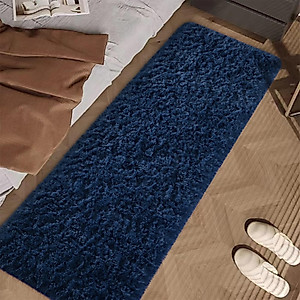 FALARK Soft Navy Blue Runner Rugs for Bedroom, 2x4 ft Bedside Rug Plush Fluffy Carpets, Shag Furry Modern Area Rug Carpet for Living Room Girls Kids Room Nursery Home Decor, Navy Blue