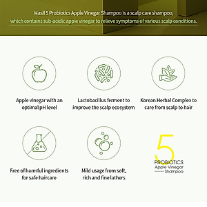 Masil 5 Probiotics Apple Cider Vinegar Shampoo 1Pack(0.3floz X 20ea) Travel Portable Reduces Itchy Scalp Dandruff Frizz Sulfate Free Restores Shine Clarifying Vitamin E Optimal pH level