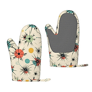 Atomic Stars Retro Pattern Printed Oven Mitts Heat Resistant Oven Gloves Non-Slip Silicone Kitchen Gloves for Cooking Baking BBQ Gloves 1 Pair