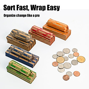NATURALABEL 250 Assorted Flat Coin Wrappers, 50 Each of Quarters, Dollars, Dimes, Nickels, Pennies, Coin Striped Kraft Packing