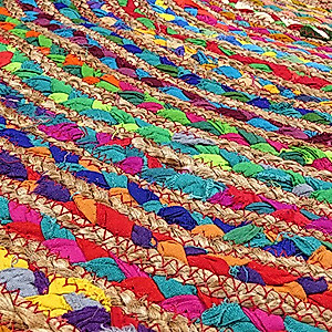 Eyes of India - 6 ft Round Colorful Natural Jute Chindi Sisal Woven Area Braided Rug Boho Chic Bohemian Accent Indian Handmade Handwoven