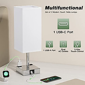 Fully Dimmable Nightstand Lamps Set of 2& 3-Way Touch Dimmable Bedside Lamps,Table Lamps with USB C+A and Dual AC Outlets for Bedroom Living Room Guestroom(LED Bulb Included)