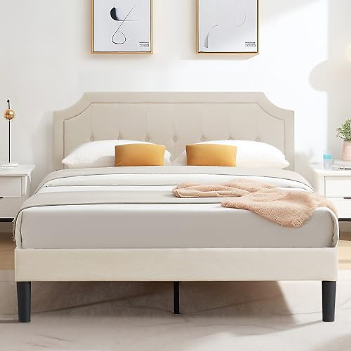 VECELO Queen Upholstered Platform Bed Frame with Adjustable Button Stitched Panel Headboard,Strong Wood Slat Support,Velcro Design,Mattress Foundation/Easy Assembly,Beige
