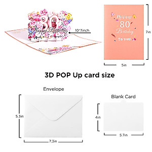 Oyydecor 80th Birthday Pop Up Card, Happy 80th Birthday Card for Her, Women, Wife, 80th Birthday Gift for Sister, Mom, Friend, 3D Greeting Pop Up Birthday Card with Blank Note and Envelope, 5" x7"