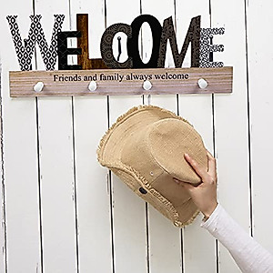Wakauto Wooden Wall Hook Hanger with Welcome Signs for Coat Rack Caps Purses Hats Scarves Towels Umbrella Storage Organizer 50x18. 5cm