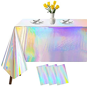 3 Pack Iridescent Tablecloth, 54" x 108" Birthday Party Table Cloths Iridescence Plastic Disposable Table Covers Iridescent Disco Party Decorations, Mermaid Birthday Decor Tablecloth for Buffet Table
