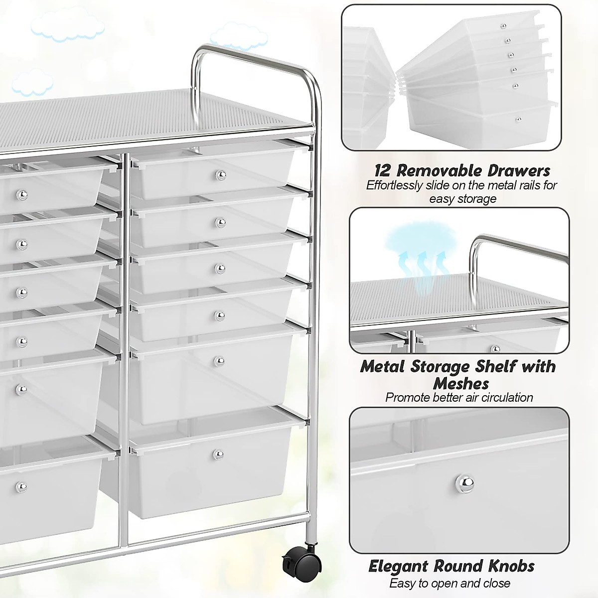 COSTWAY 12-Drawer Rolling Storage Cart, Moveable Art Craft Organizer W/Lockable Wheels, Metal Shelf, Files Arrangement Tools Makeup Storage Cart for Office, Home, School (Clear)