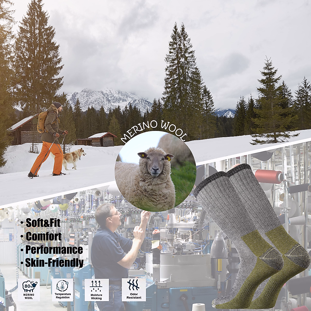 Ortis Merino Wool Moisture Wicking Outdoor Hiking Cushion Crew Socks for Men 4 Pack(Mixcolor XL), 13 - 15