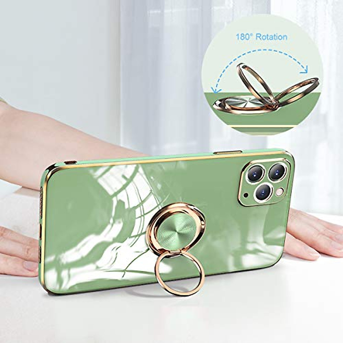 aowner Compatible with iPhone 11 Pro Max Ring Holder Case Shiny Plating Rose Gold Edge 360 Degree Rotation Kickstand for Women Girls Slim Soft Flexible TPU Protective Cover Case, 6.5 Inch