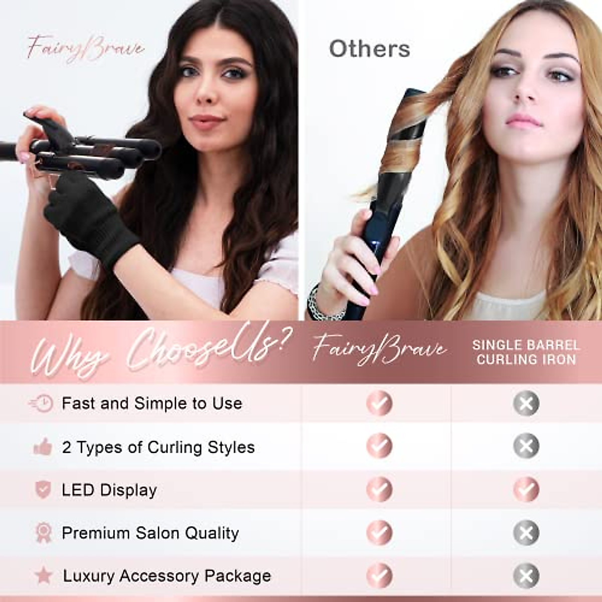 3 Barrel Curling Iron Wand - Triple Hair Waver & Crimper for Beach Waves Set, Ceramic Tourmaline with Adjustable Temperature - Hair Waver, Black