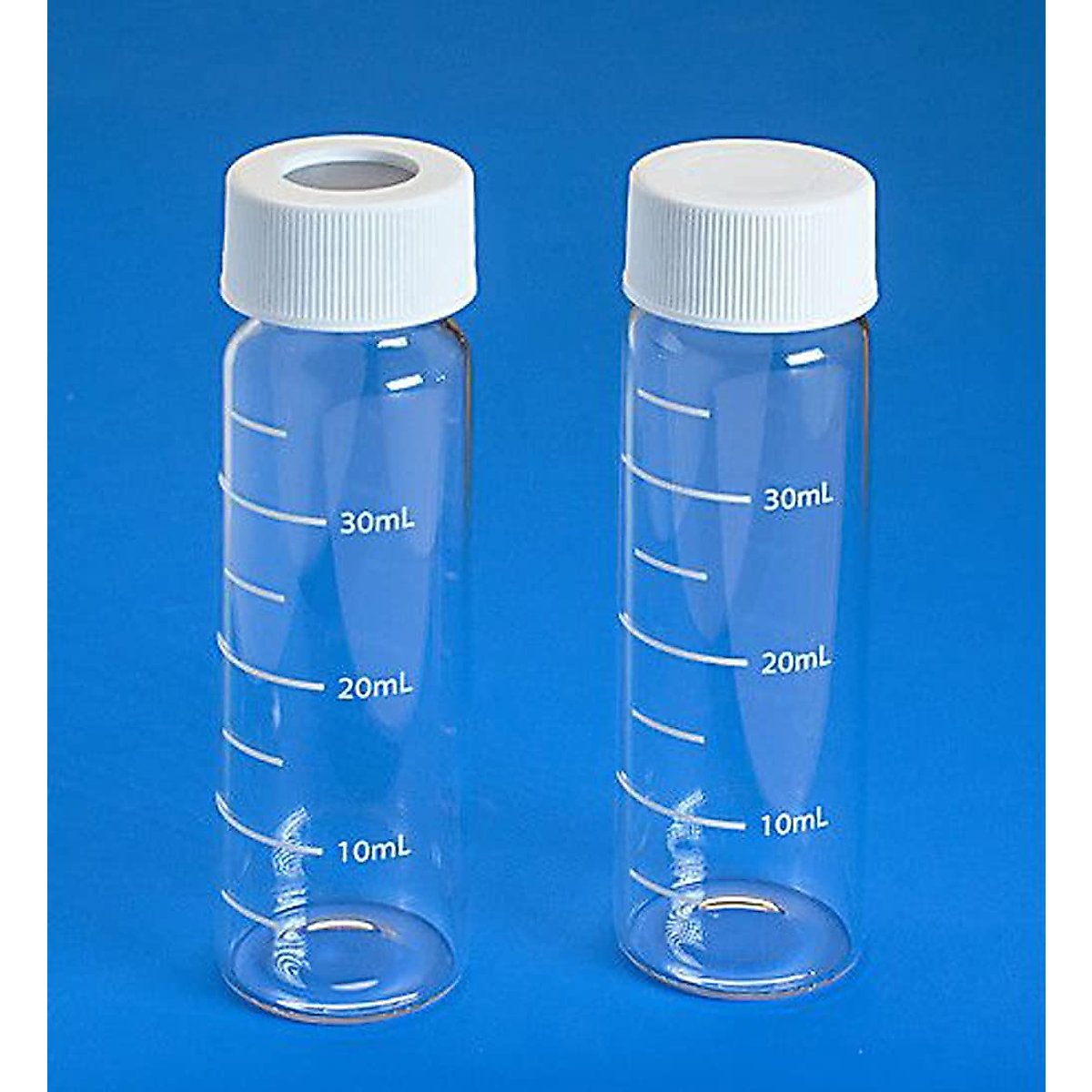 JG Finneran 9-093 Clear Borosilicate Glass Standard VOA Vial with White Polypropylene Open Top Closure and 0.100" PTFE/Silicone Septa, 24-414mm Cap Size, 60mL Capacity (Pack of 72)