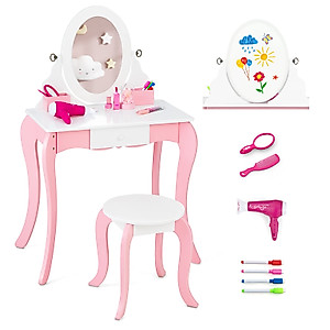 Costzon Kids Vanity Set, 2 in 1 Princess Makeup Dressing Table w/Double-Sided 360° Swivel Mirror, Hairdryer & Accessories, Toddler Vanity with Drawer & Stool, Pretend Play Vanity Set for Little Girls