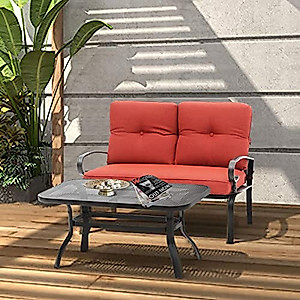 Oakmont Outdoor 2 Pcs Patio Loveseat Bench with Thick Cushions Coffee Table Metal Furniture Set Sofa, Wrought Iron Look(Red)