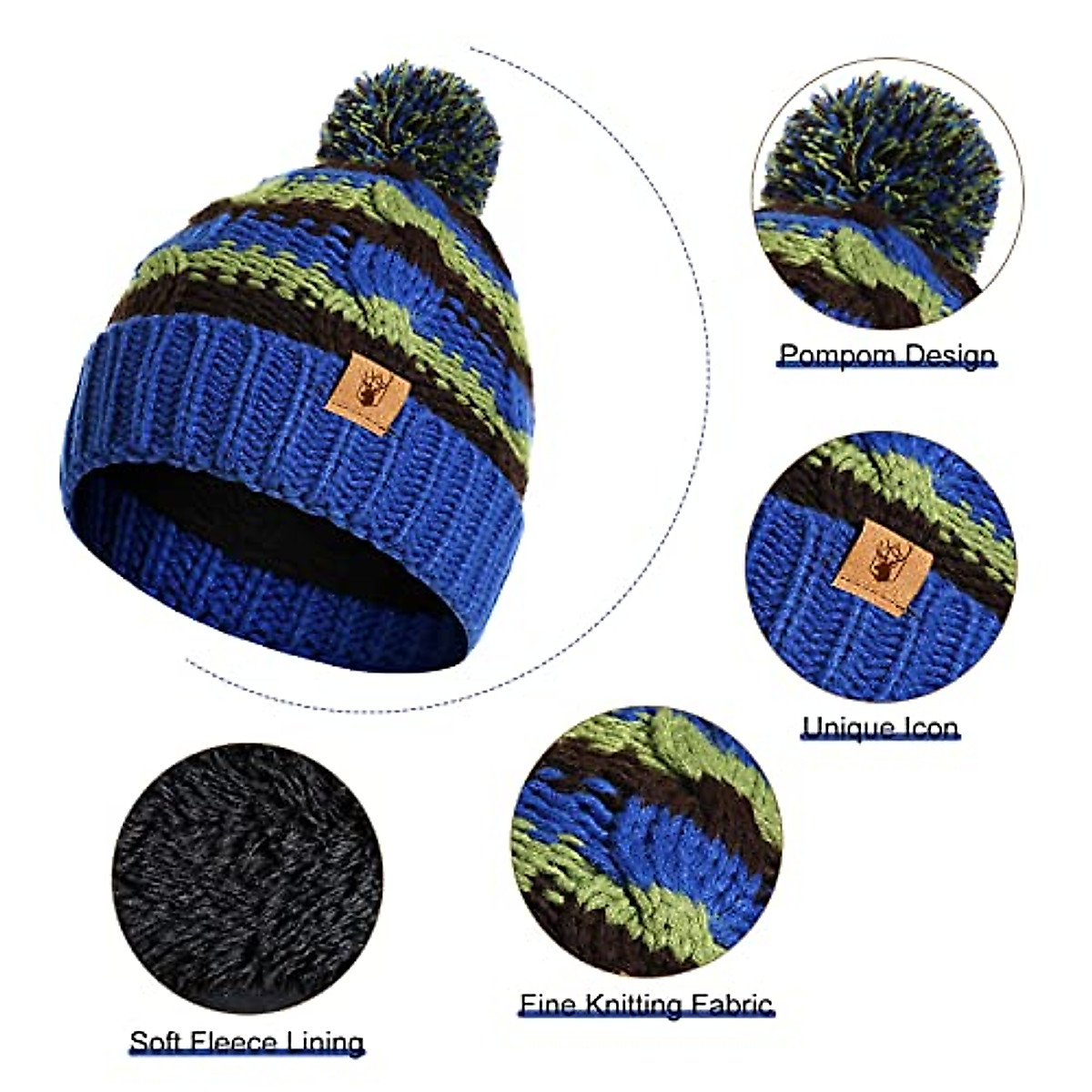 Kids Winter Pompom Beanie Hat Scarf Gloves Set for Boys&Girls Age 3-8, Fleece Lined Skull Cap Neck Warmer Mitten Set Blue