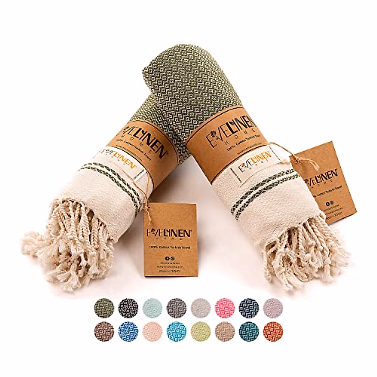 Evelynen Turkish Hand Towels for Bathroom & Kitchen Towels Decorative Set of 2 | Boho Farmhouse Hand Towels with Hanging Loops for Face, Tea, Dish, Kitchen & Bath |0 Cotton (16" x 32" - Khaki)