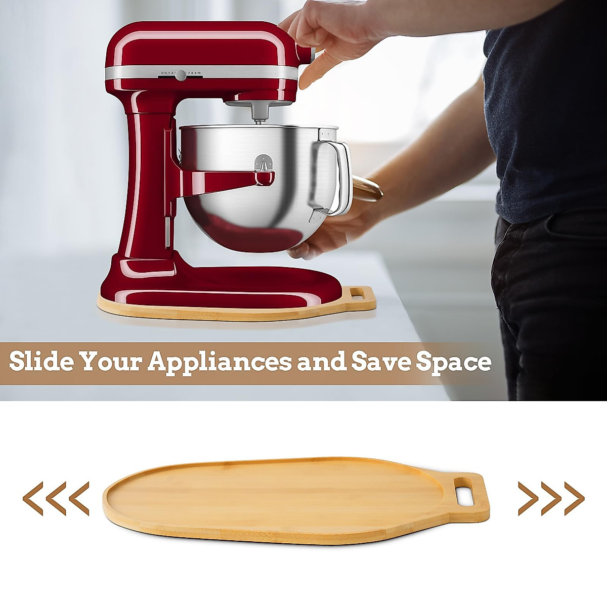 Bamboo Sliding Mat for Kitchenaid Mixer, Mixer Mover Slider Mat Pad Compatible with Kitchenaid Bowl Lift 5-8 Qt Stand Mixer,Kitchen Appliance Slider Mat, Kitchen Aid Mixer Accessories,with Handle