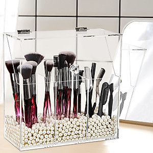 Okllen Makeup Brush Holder with Dustproof Lid, White Pearls, Acrylic Clear Makeup Brush Organizer with 3 Compartment, Large Cosmetic Brush Storage Box Case for Vanity, Bathroom, Bedroom