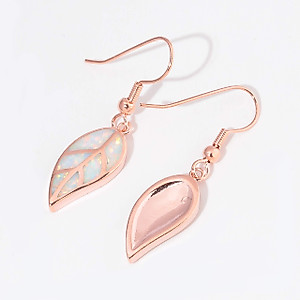 CINily Rose Gold Opal Dangle Earring-Leaf Drop Earrings White Opal Gemstone Dangle Earrings for Women