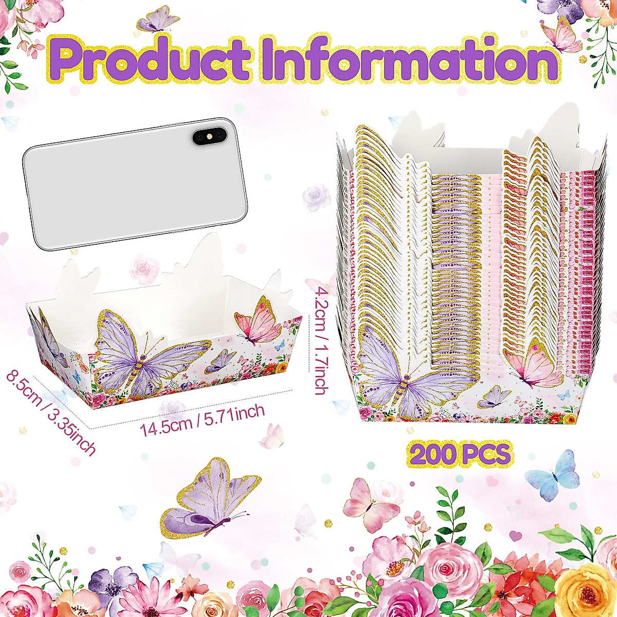 Fulmoon 200 Pack Butterfly Birthday Party Supplies Butterfly Paper Food Trays Bulk Disposable Food Boat Popcorn Nacho Snack Serving Trays for Butterfly Girl Party Favors Baby Shower Decor
