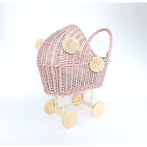 CACKOO Handmade Wicker Pram For Dolls With Cotton Bedding Sheets And Handmade Pom-Poms Ideal As Birthday Gift Natural Pink
