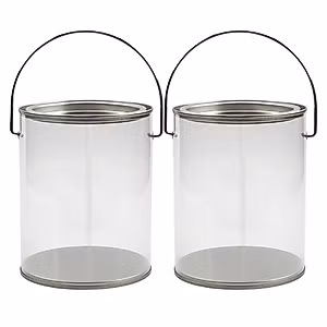 Cornucopia Brands Quart Size Clear Plastic Paint Cans (2-Pack, 5 in Tall); Faux Small Pails w/Bale for Crafts, Baby/Wedding Shower Decor, NOT Intended for Liquids/Heavy Objects