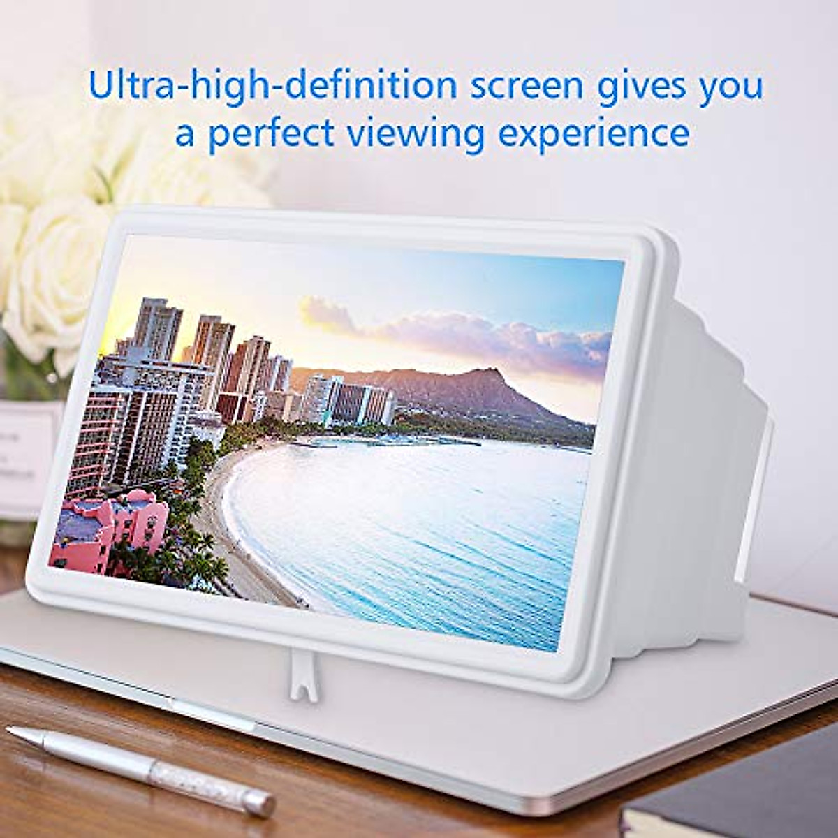 12Inch Phone Screen Amplifier, Retractable Foldable HD High Definition 3D Mobile Video Magnifier Phone Stand Bracket with Cleaning Cloth, Compatible with All Smartphones(White)