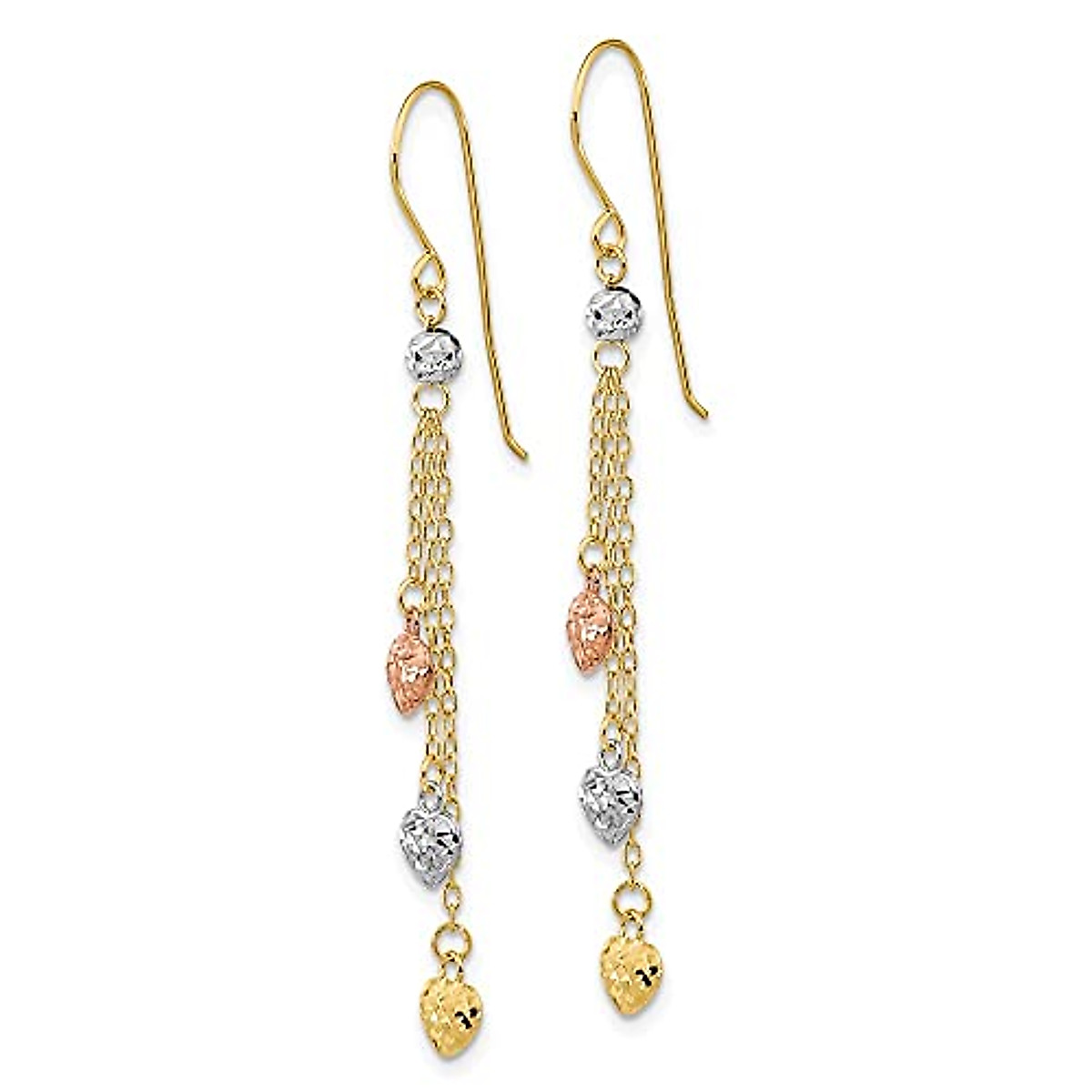 14K Tri Color Gold Triple Heart Love Drop Dangle Earrings