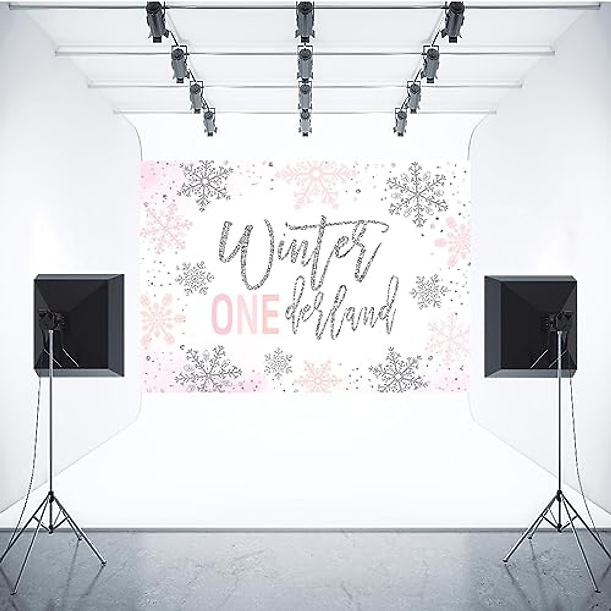 Aperturee 7x5ft Winter Onederland Backdrop 1st Christmas Birthday Snowflake Background Photography Newborn Baby Girl's First Bday Pink Silver Party Decoration Photo Booth Candy Table Decor Banner