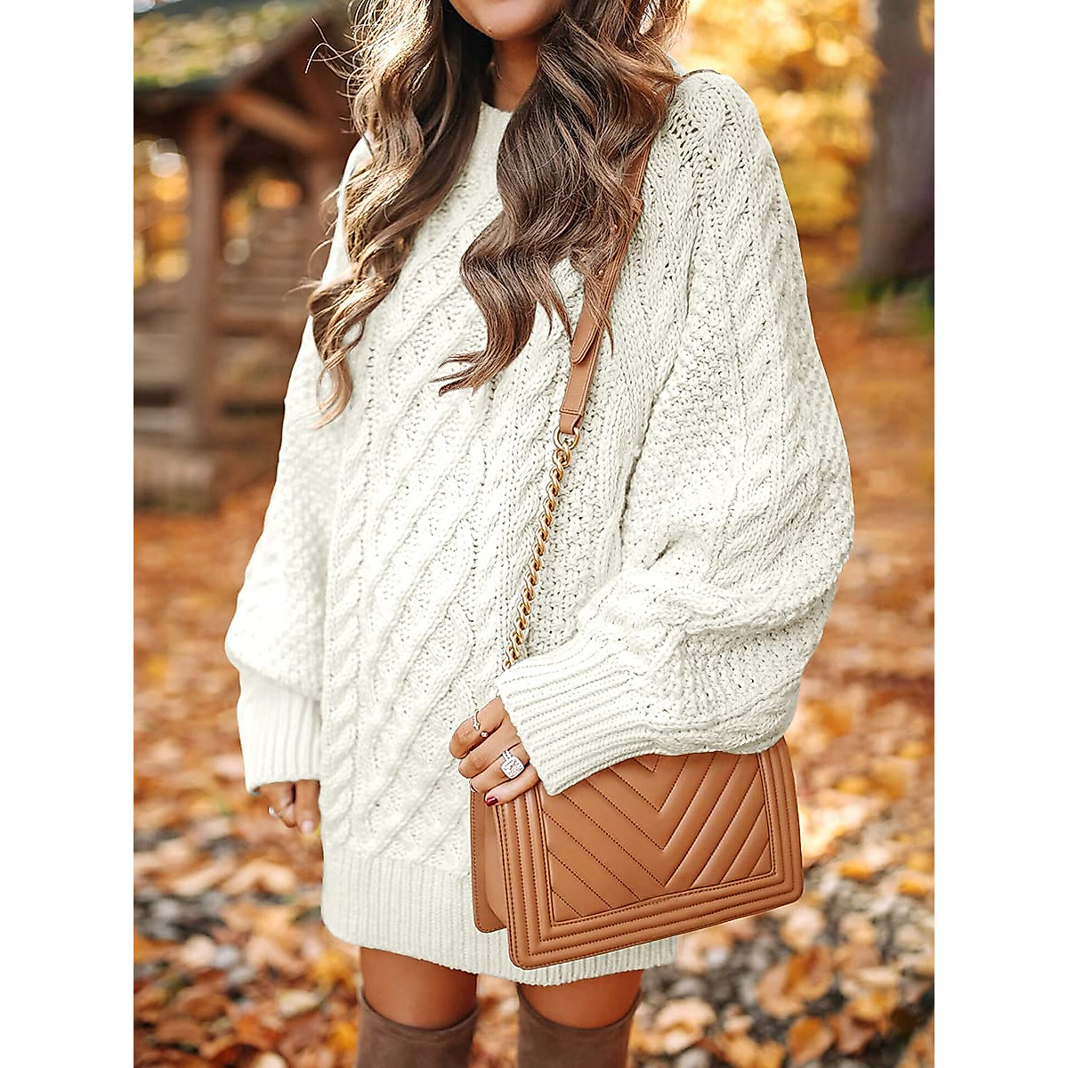 ANRABESS Women Long Sleeve Oversized Cable Knit Chunky Baggy Loose Pullover Tunic Mini Sweater Dress 2025 Trendy Fall Outfits White Small