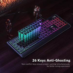 Fiodio Rainbow Membrane Gaming Keyboard, Quiet Wired Computer Keyboard, 104 Silent & 26 Anti-Ghosting Keys, Spill Resistant, Multimedia Control for PC and Desktop