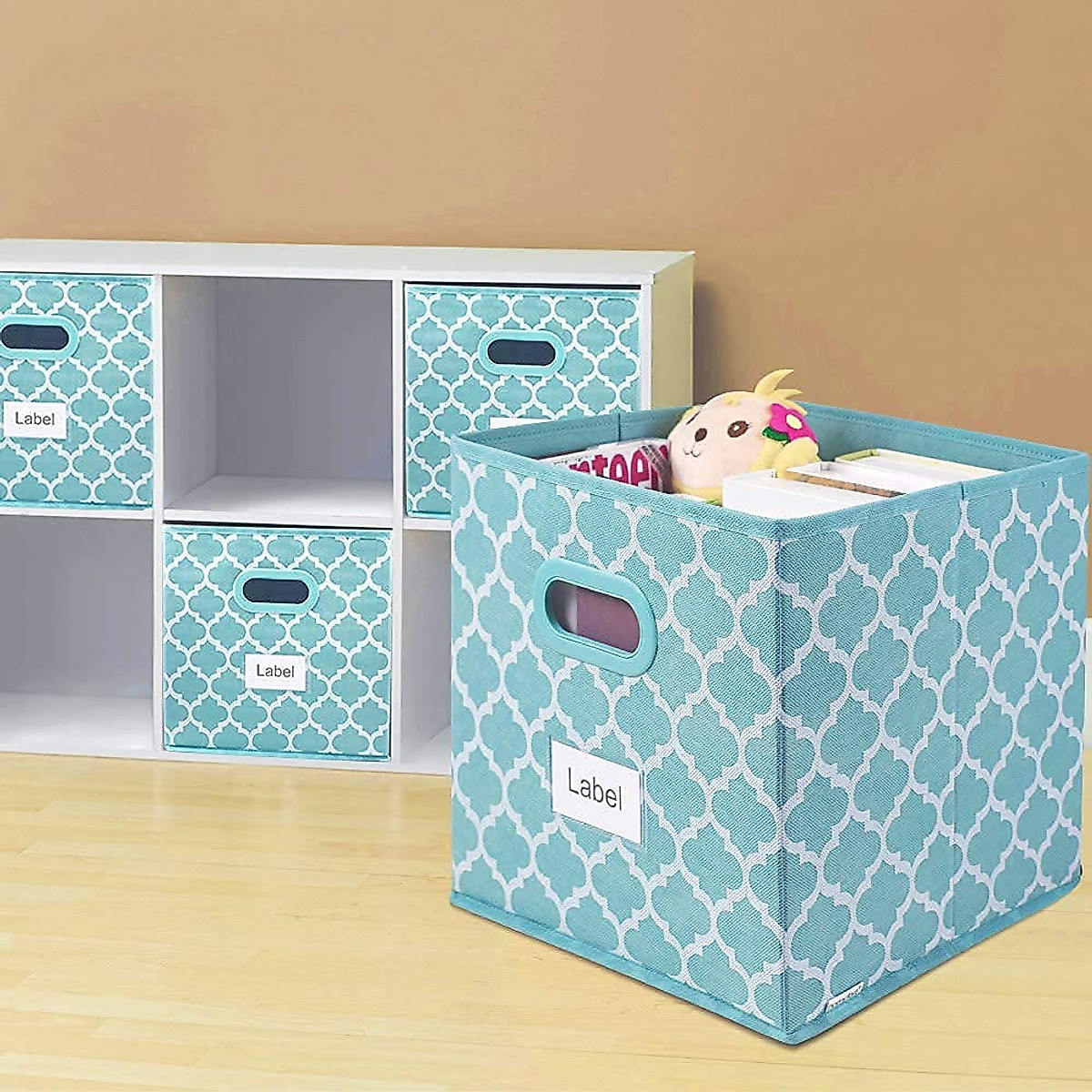 homyfort Foldable Cube Storage Bins 11x11 inches, Fabric Storage Bin Baskets Box Organizer with Labels and Dual Plastic Handles for Shelf Closet, Nursery, Set of 12 (Blue and Grey)