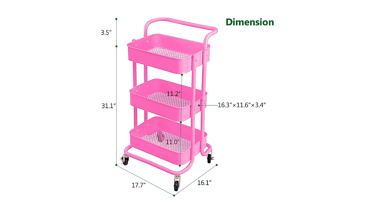 3-Tier Rolling Cart Organizer - Pink Storage Solution
