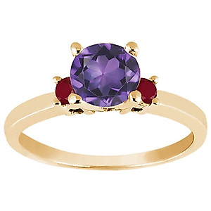 Gem Stone King 18K Yellow Gold Plated Silver Purple Amethyst and Red Ruby 3-Stone Engagement Ring For Women (0.99 Cttw, Round 6MM, Gemstone February Birthstone, Size 7)