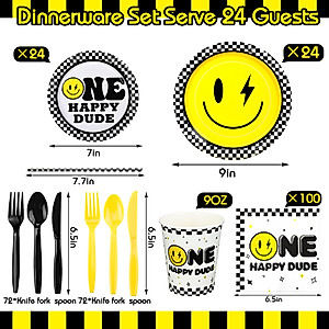 Norme 344 Pcs One Happy Dude Birthday Decorations Smile Face Party Tableware Serve 24 Guests, Include 7 in 9 in Paper Plates Disposable Knife Fork Spoon Napkins Cup Straw for 1st Birthday Baby Shower