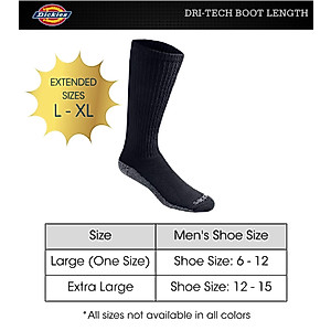 Dickies Mens Multi-pack Dri-tech Moisture Control Boot-length Socks, Black (12 Pairs), 6-12 US