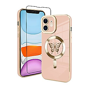 Fiyart Magnetic Case for iPhone 11 Compatible with MagSafe Wireless Charging,Cute Butterfly Phone Case with Camera Lens Screen Protector for Women Girls Men for iPhone 11 6.1"- Pink