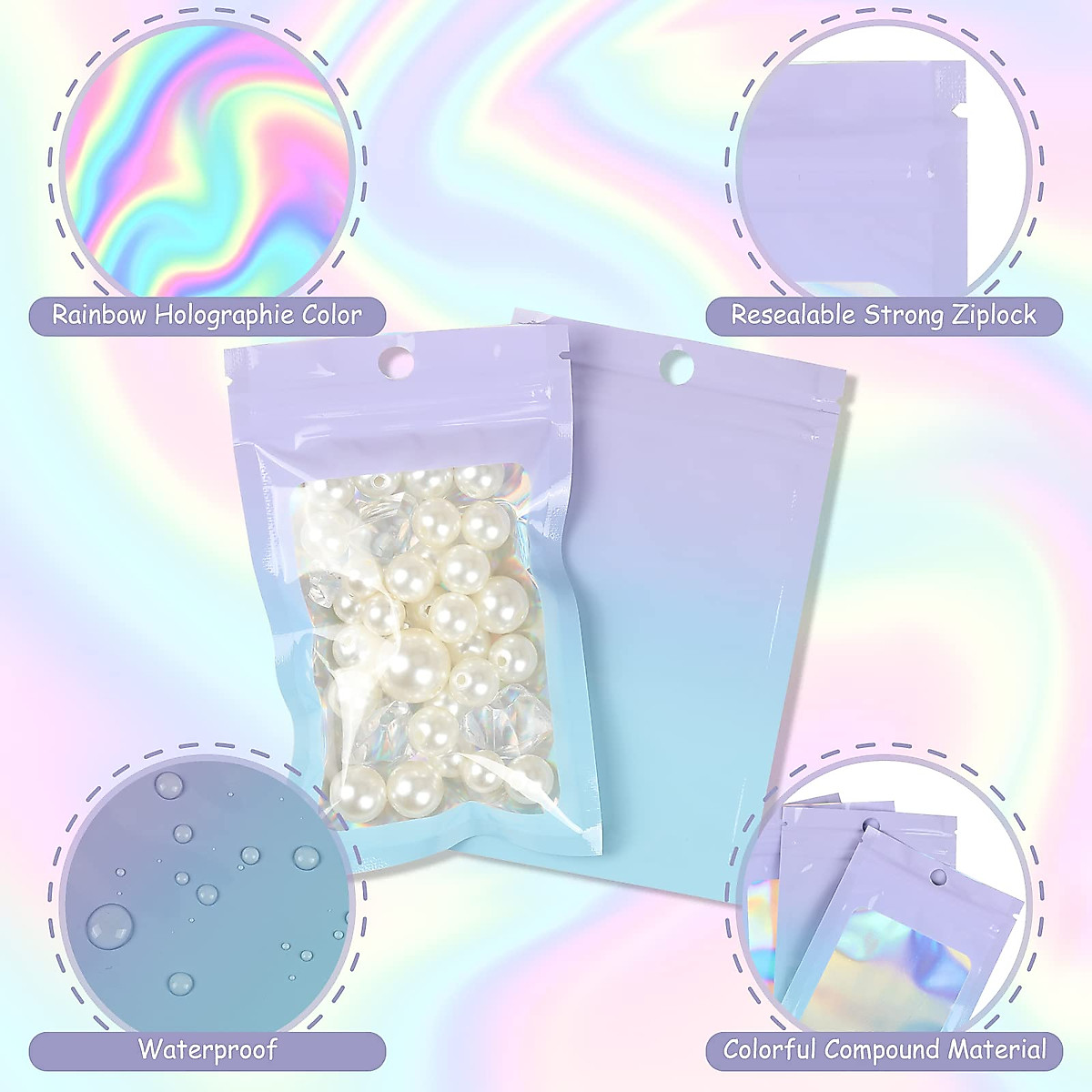 120 PCS Smell Proof Mylar Bags Resealable Odor Proof Bags Holographic Packaging Pouch Bag with Clear Window for Food Storage Jewelry Candy Electronics Storage, 4 Sizes