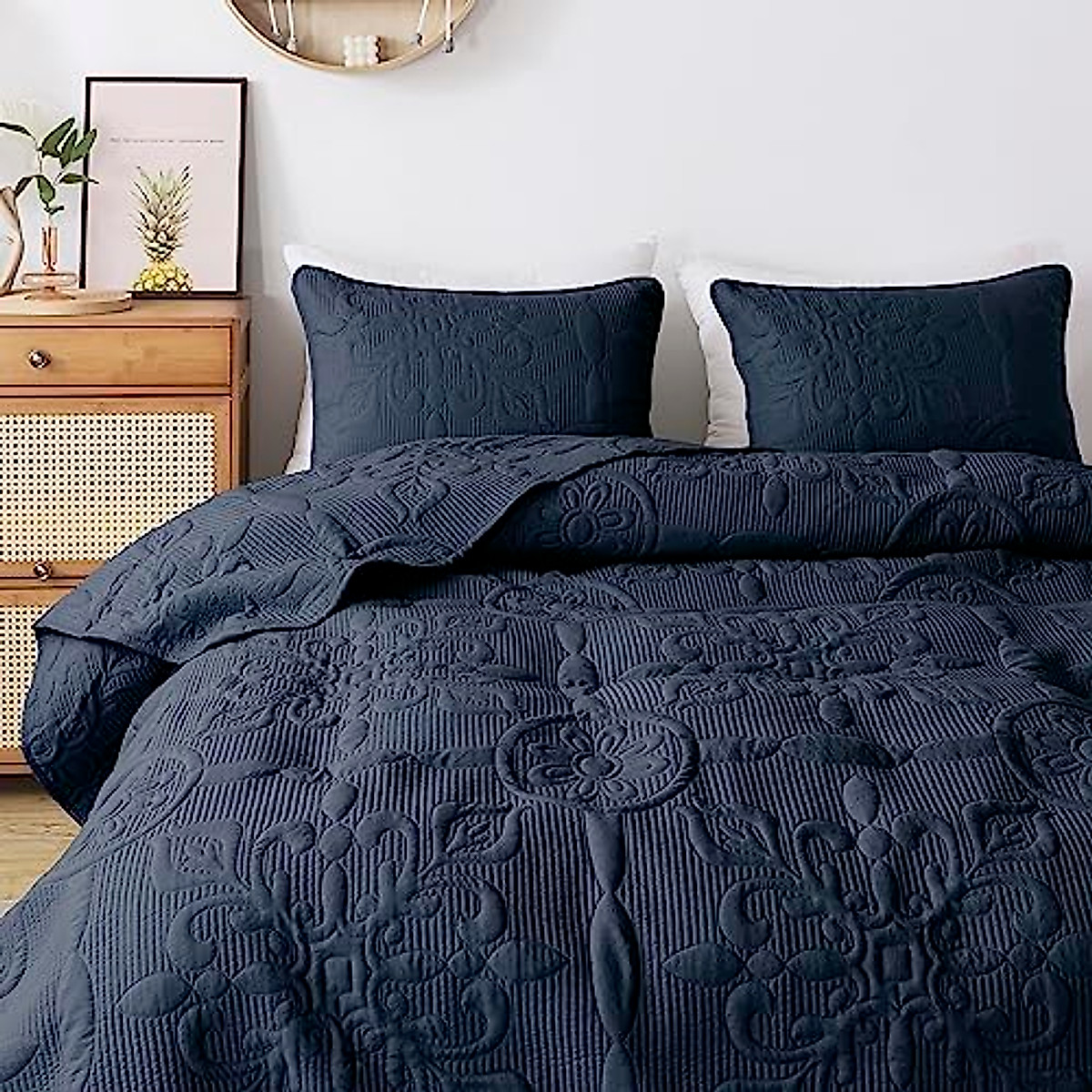 Boho Quilt California Cal King Size Bedding Sets with Pillow Shams, Damask Oversized Lightweight Soft Bedspread Coverlet, Navy Blue Quilted Blanket Thin Comforter Bed Cover, 3 Pieces, 118x106 inches